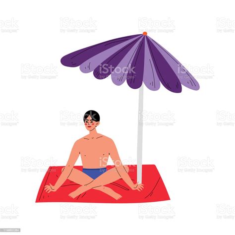 젊은 남자 일광욕 에 그의 수건 아래 선쉐이드 Parasol 남자 휴식 에 바닷가 에 여름 휴가 벡터 일러스트 계절에 대한 스톡 벡터 아트 및 기타 이미지 Istock