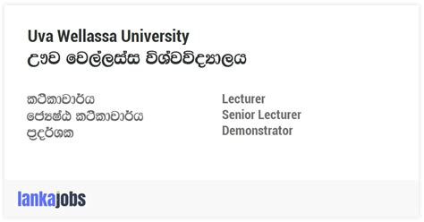 Lecturer Senior Lecturer Demonstrator Uva Wellassa University