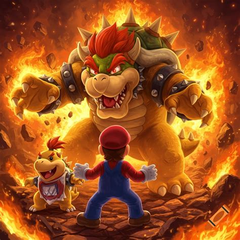Mario Stands Before A Giant Bowser And Bowser Jr In A Fiery Volcanic