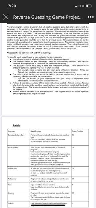 Solved 720 Lte X Reverse Guessing Game Projec You