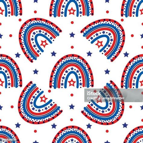 미국 독립 기념일 원활한 벡터 패턴입니다 미국 국기 무지개 별 물방울 무늬 자유의 상징 7월 4일 공휴일 표지판입니다 포스터 인쇄 포장 웹을 위한 평면 만화 배경 7월에