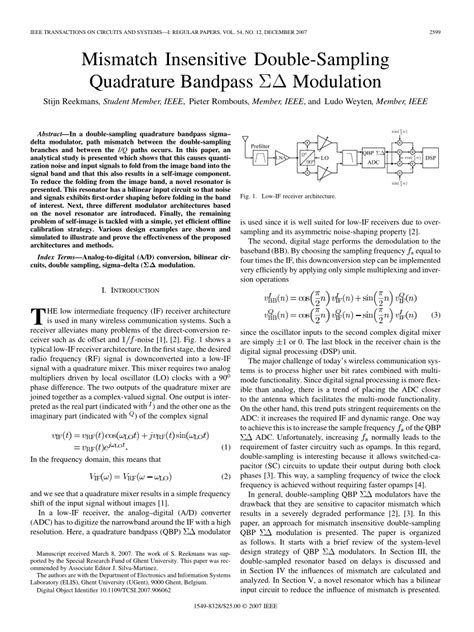 Pdf Mismatch Insensitive Double Sampling Quadrature Bandpass Sigmadelta Modulation