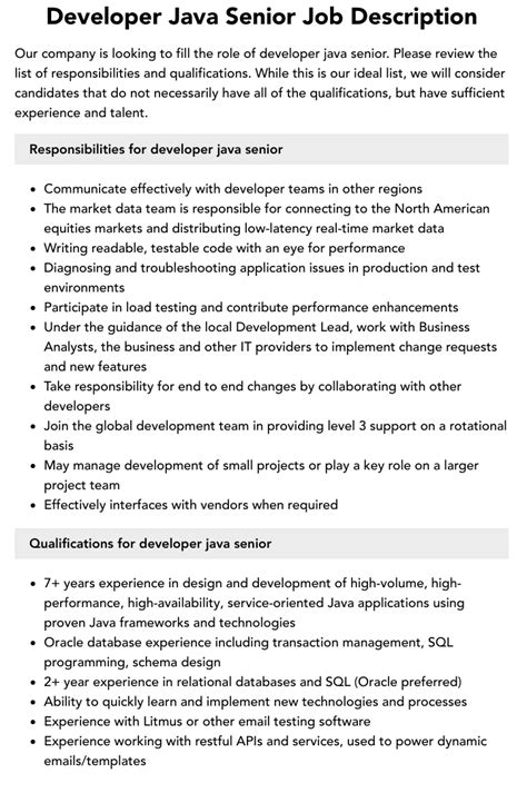 Developer Java Senior Job Description Velvet Jobs