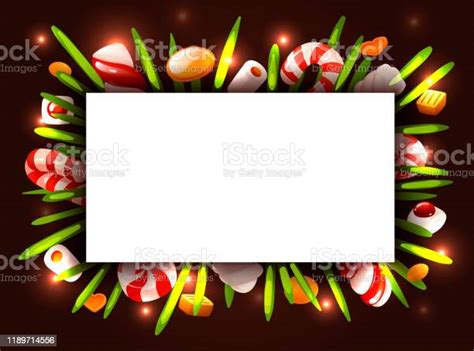 빈 배경 템플릿 새해와 크리스마스 테마 그것은 가장자리에 의해 크리스마스 트리의 사탕과 전나무 바늘 흰색 사각형 만화 스타일의 디자인 벡터 일러스트레이션을위한 템플릿 겨울에