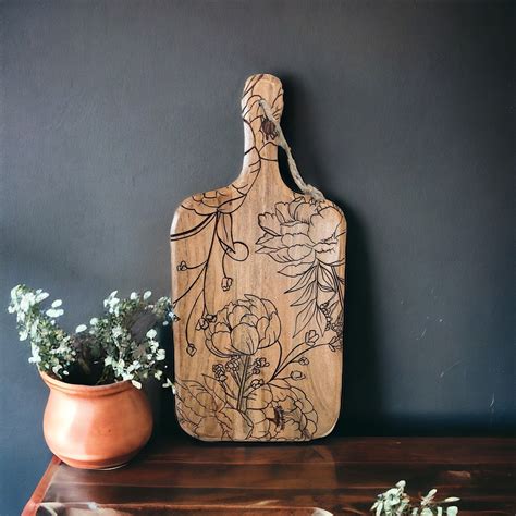 Peony Floral Cutting Board Acacia Engraved Cutting Board Decorative