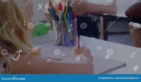 Animation Of Numbers Over Caucasian Schoolgirl Writing Stock Footage