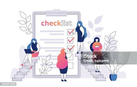 종이 시트 벡터 그림에 체크리스트가 있는 여성 쇼핑 목록입니다 제품 구매를 위한 템플릿입니다 여성은 마크와 공백을 유지합니다 개념에 대한 스톡 벡터 아트 및 기타 이미지