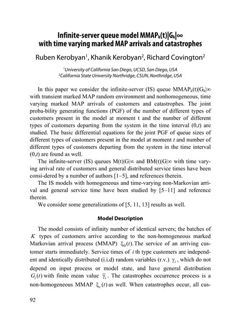Pdf Infinite Server Queue Model Mmapktgk∞ With Time Varying