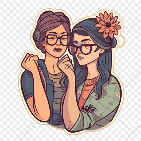 안경을 쓴 두 여자의 스티커와 꽃 클립 아트 벡터상표 Png 일러스트 무료 다운로드 Lovepik