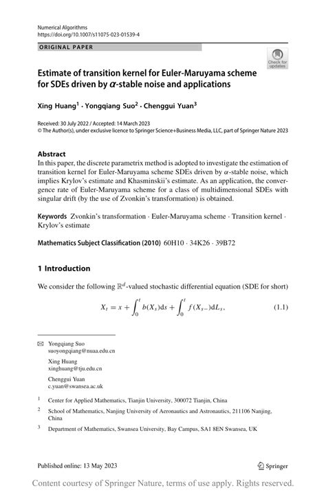 Estimate Of Transition Kernel For Euler Maruyama Scheme For Sdes Driven By α Documentclass[12pt