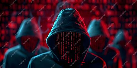 Premium Photo Hooded Hackers In Dark Web Surrounded By Red Code
