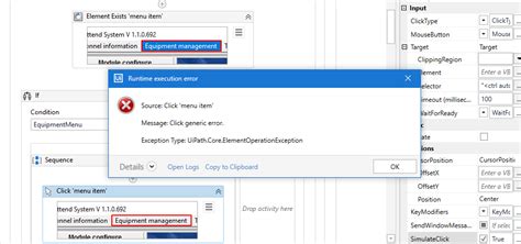 error while running the robot at click activity in virtual machine