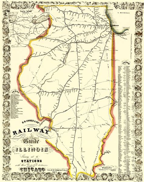 Railroad Map Illinois Railways Cooke 1855 23 X 2920 Vintage W