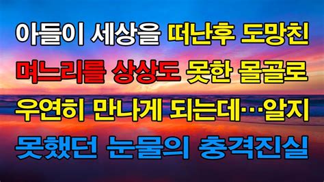 실화사연 아들이 세상을 떠난후 도망친 며느리를 상상도 못한 몰골로 우연히 만나게 되는데알지 못했던 눈물의 충격진실 라디오사연ㅣ사이다사연ㅣ Youtube