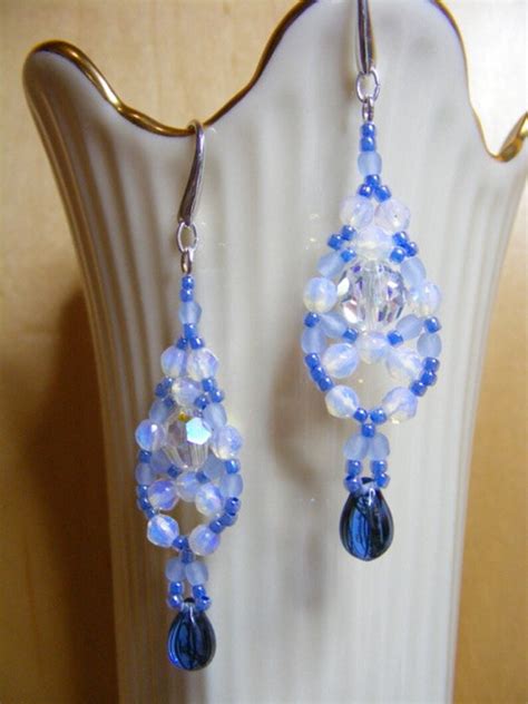 Blue Crystal And Opalescent Beaded Dangle Earrings Etsy
