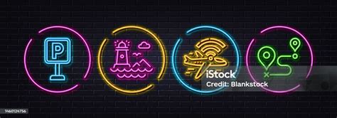 비행기 와이파이 등대 및 주차 최소 라인 아이콘 웹 응용 프로그램 인쇄용 네온 레이저 3d 조명 벡터 0명에 대한 스톡 벡터 아트 및 기타 이미지 Istock