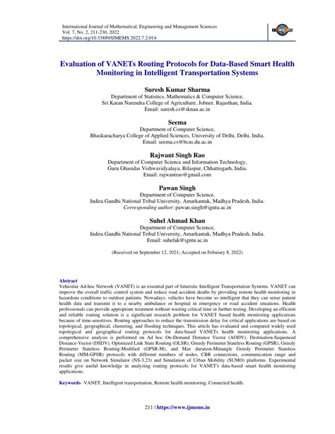 Pdf Evaluation Of Vanets Routing Protocols For Data Based Smart Health Monitoring In
