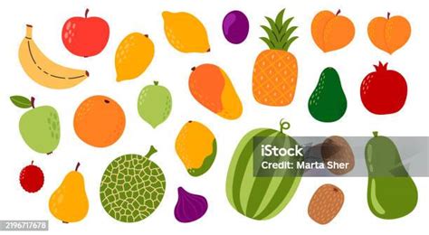 다른 과일과 열매 세트입니다 유기농 비타민과 건강한 영양의 집합 바나나 파인애플 망고 석류 키위 멜론 복숭아 수박 평면 벡터 일러스트 레이 션 감귤류 과일에 대한 스톡 벡터