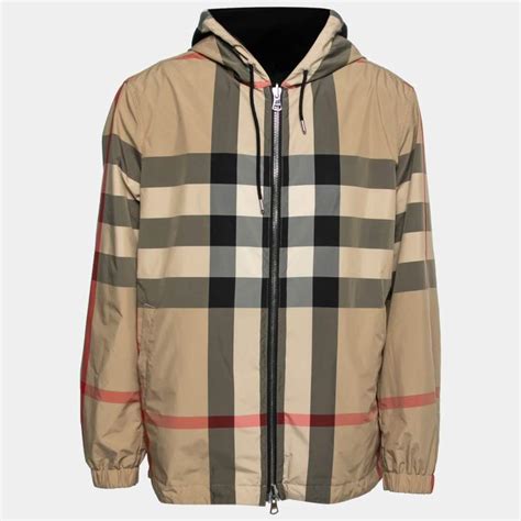 Burberry Black Reversible Check Print Synthetic Hooded Jacket L