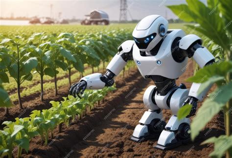 A Robot In A Field With A Field Of Potatoes In The Background Premium Ai Generated Image