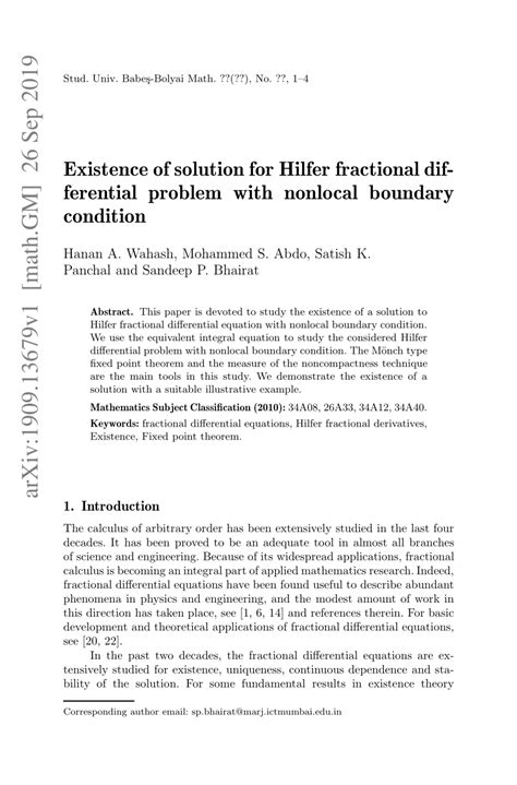 Pdf Existence Of Solution For Hilfer Fractional Differential Problem With Nonlocal Boundary