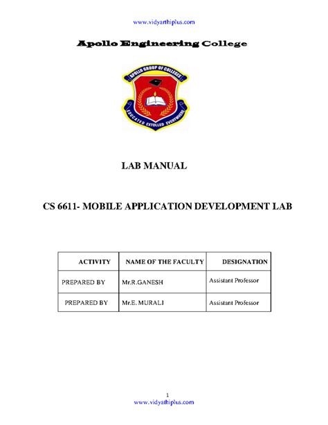Mobile App Lab Manual Lab 1 Apollo Engineering College Lab Manual Cs 6611 Mobile