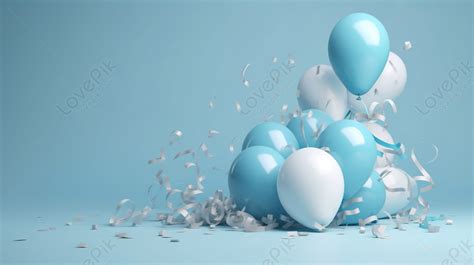 현실적인 광택 있는 파란색 및 흰색 풍선 리본 및 색종이를 사용하여 파스텔 파란색 배경의 3d 렌더링 그림 파란 풍선 배경 파란 리본 배경 실적 배경 이미지 Hd