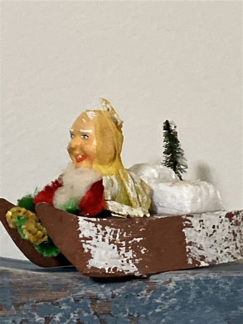 Vtg X Mas Rare Putz Santa Sleigh Gnome Paper Mache Chenille Spuncotton