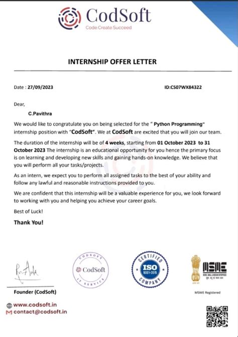 pavithra chamarthi on linkedin my internship offer letter from codsoft