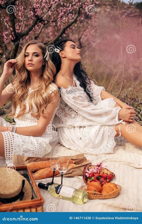 Beautiful Girls in Elegant Dresses Having Romantic Picnic among ...
