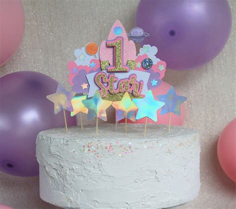 Girly Spaceship Party Space Theme Cake Topper Pink Space Party Rocket Ship Cake Topper