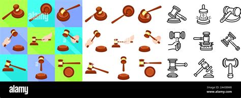 Judge hammer icons set. Flat and outline set of judge hammer vector icons for web design Stock ...