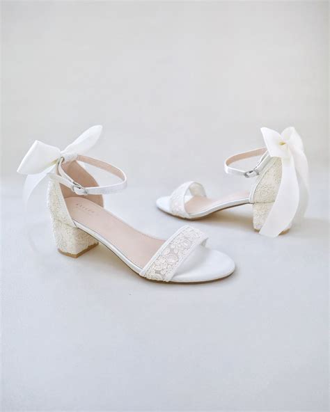 Crochet Lace Block Heel Wedding Sandals With Back Bow Bridal Heel