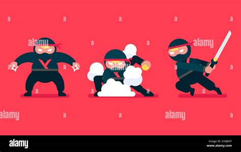 Tiny Ninja With Traditional Ninja Suit Cartoon Japanese Warrior With Sword In Different Poses