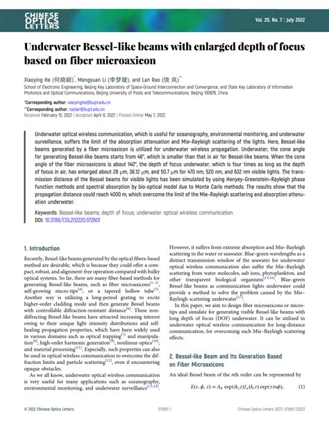 Pdf Underwater Bessel Like Beams With Enlarged Depth Of Focus Based On Fiber Microaxicon