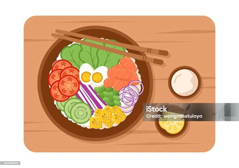 하와이안 접시 찌꺼기 그릇 음식 템플릿 손으로 그린 만화 플랫 일러스트 레이 션 쌀 참치 신선한 생선 계란 및 야채 디자인 건강한 생활방식에 대한 스톡 벡터 아트 및 기타