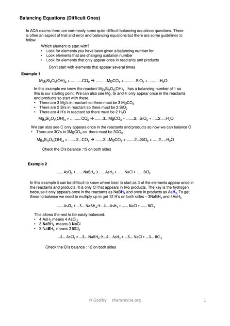 Balancing Equations Chemistry Notes N Goalby Chemrevise 1 Balancing Equations Difficult Ones
