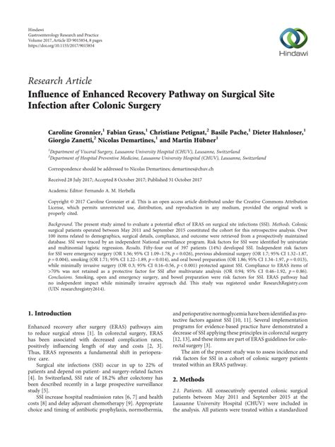 Pdf Influence Of Enhanced Recovery Pathway On Surgical Site Infection