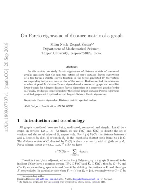 Pdf On Pareto Eigenvalue Of Distance Matrix Of Graphs