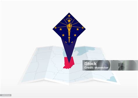 인디애나는 접힌 종이 지도와 인디애나 국기로 고정된 위치 마커에 묘사되어 있습니다 0명에 대한 스톡 벡터 아트 및 기타 이미지 0명 관광 기 Istock