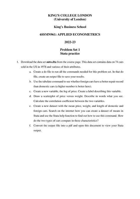 Problemset 1 Problem Set Kings College London University Of London Kings Business School