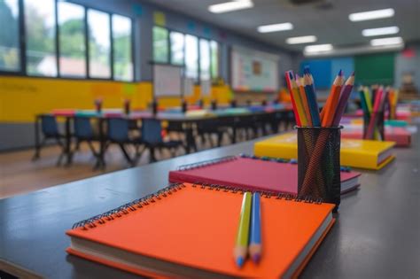 A Closeup Shot Of Colorful Pencils And Stacked Notebooks In A Classroom