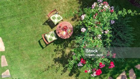 아름다운 장미 정원에서 치즈 딸기 와인으로 장식된 테이블 위에서 2인의 로맨틱한 데이트 테이블 음식 설정의 공중 최고 전망 공원에 대한 스톡 사진 및 기타 이미지 Istock