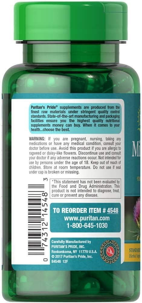 Puritans Pride Milk Thistle 250mg Silymarin Capsules 100 Count Buy