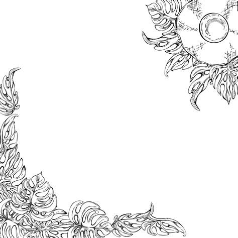 손으로 그린 벡터 잉크 이국적인 몬스테라 잎과 히비스커스 꽃 사각 테두리 프레임 격리 흰색 배경 디자인 월 아트 웨딩 인쇄 패브릭 커버 카드 관광 여행 소책자 프리미엄 벡터