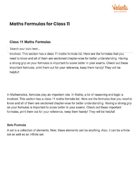 Maths Formulas For Class 11 Pdf