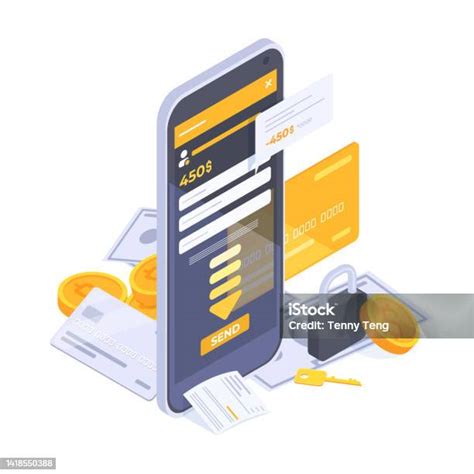아이소메트릭 모바일 결제 온라인 뱅킹 거래 개념 인터넷 송금 스마트 폰 지불 벡터 일러스트 레이 션 온라인 돈 흐름 3차원 형태에 대한 스톡 벡터 아트 및 기타 이미지