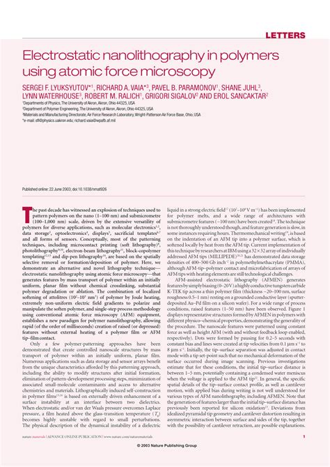 Pdf Electrostatic Nanolithography In Polymers Using Atomic Force Microscopy