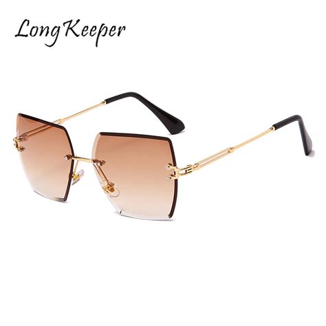 Longkeeper Rimless Square Sunglasses 여성 다각형 빈티지 선글라스 패션 금속 안경 절단 렌즈