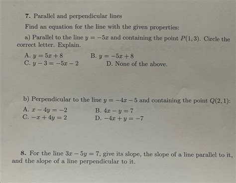 solved 7 parallel and perpendicular lines find an equation